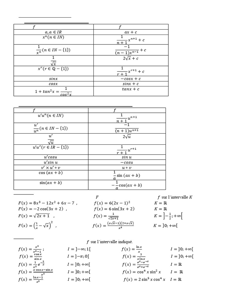 Tableau des Primitives et Exercices | PDF | Objets mathématiques ...