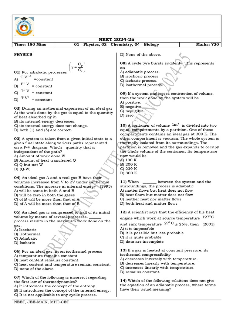 NEET 230624 Paper | PDF | Meiosis | Heat