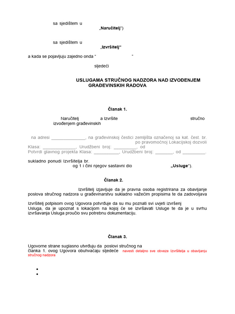 HKIG-Ugovor o Pruzanju Usluga Strucnog Nadzora Nad Izvodenjem Gradevinskih Radova Nacrt | PDF