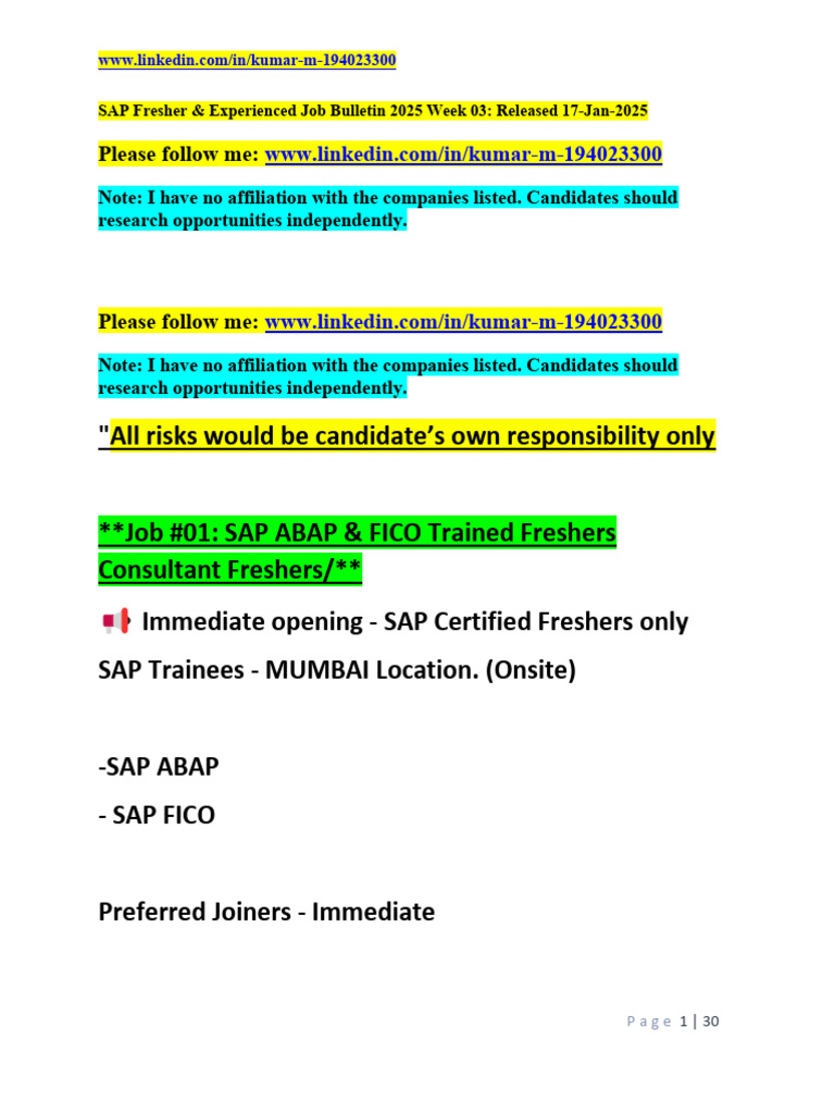 SAP Freshers India Jobs 17-Jan-2024 WW03, 2025 | PDF | Computing ...