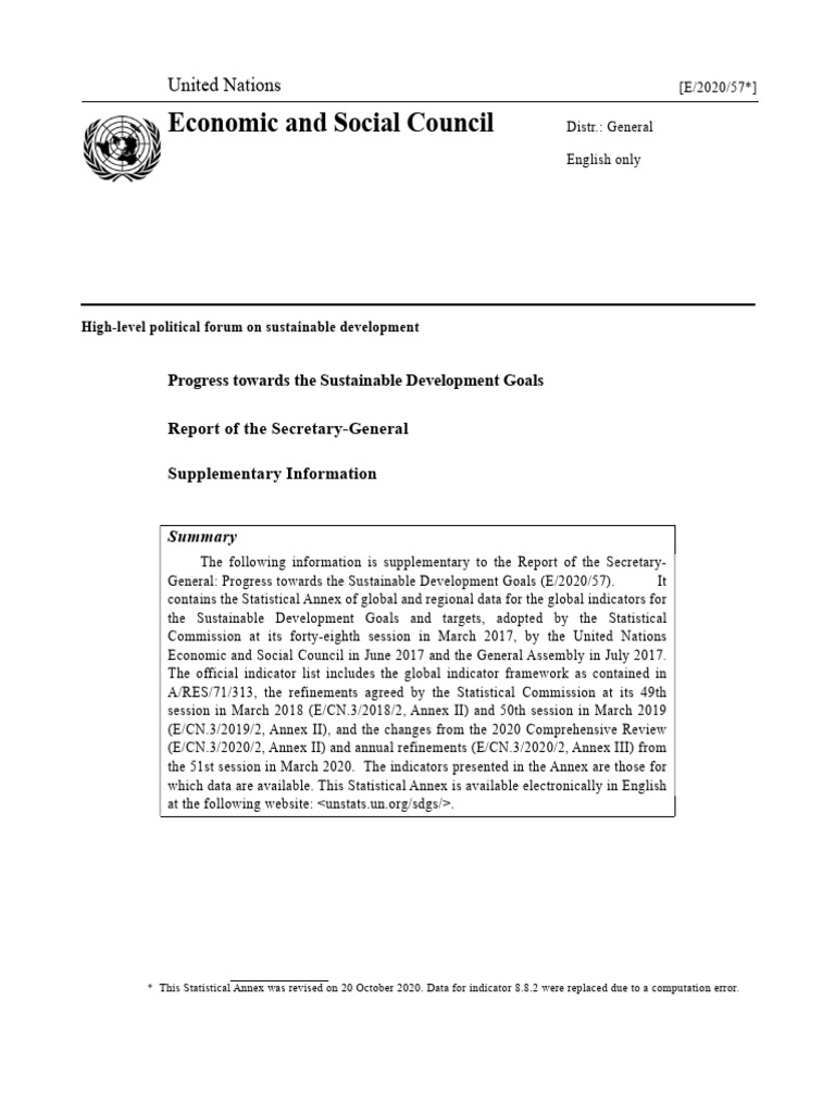 Secretary General SDG Report 2020 Statistical Annex | PDF | Social Protection | Food Security