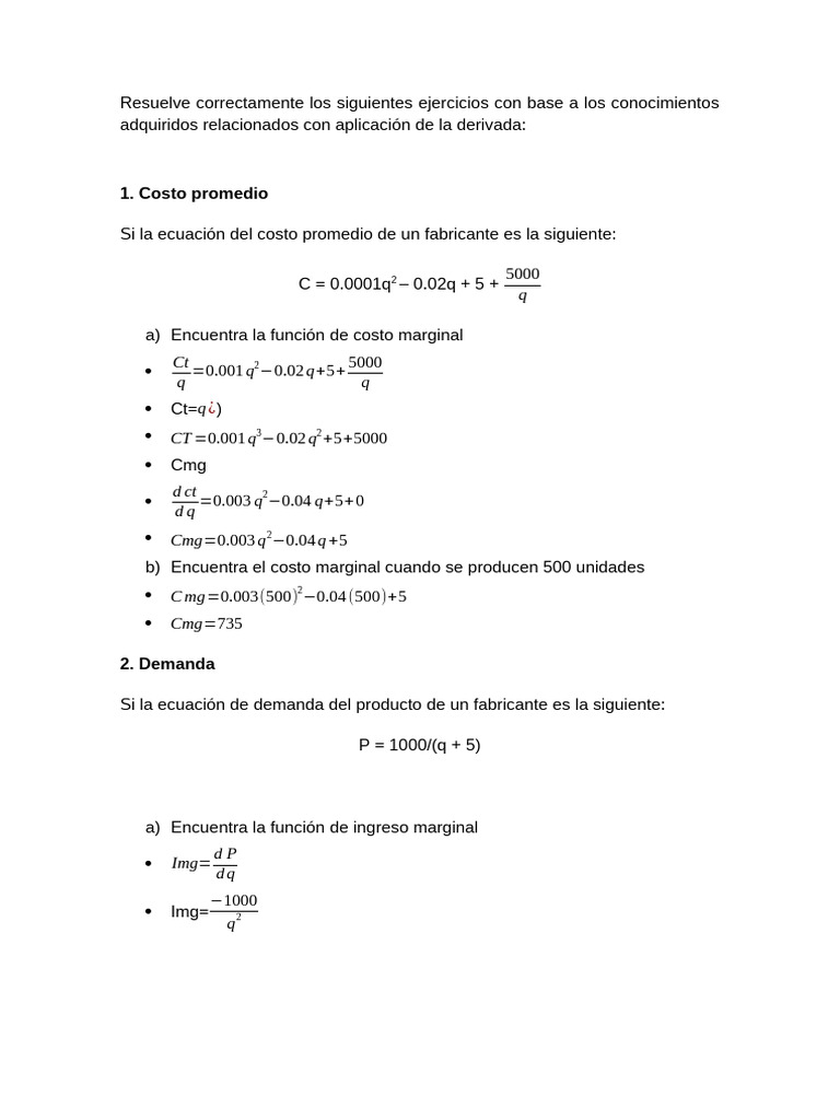 Ejercicios Aplicación de La Derivada en Procesos Económicos - NAPG | PDF