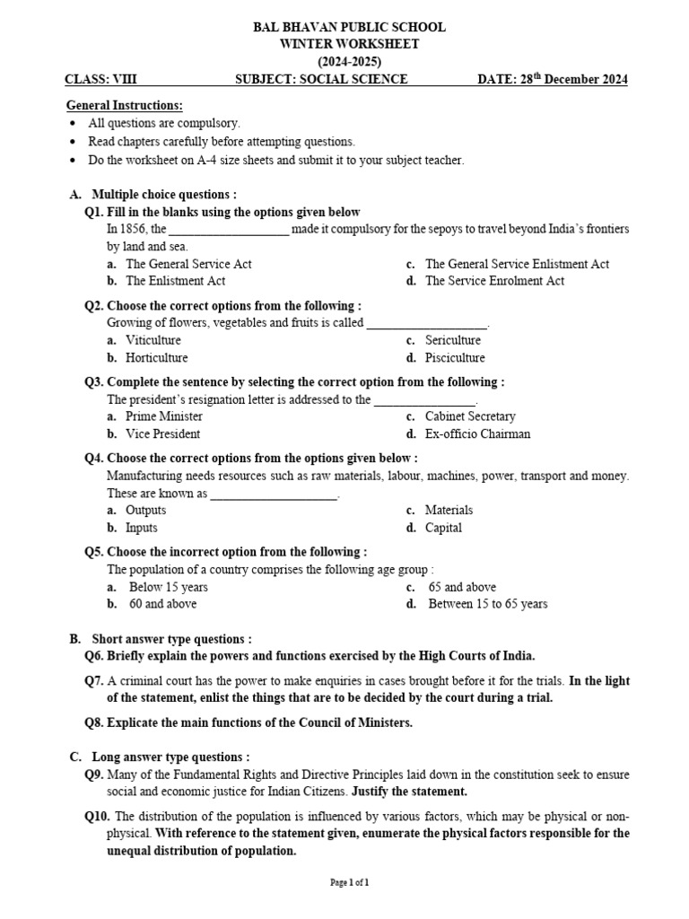 Viii SST Winter Worksheet 2024-25 | PDF | Justice | Crime & Violence