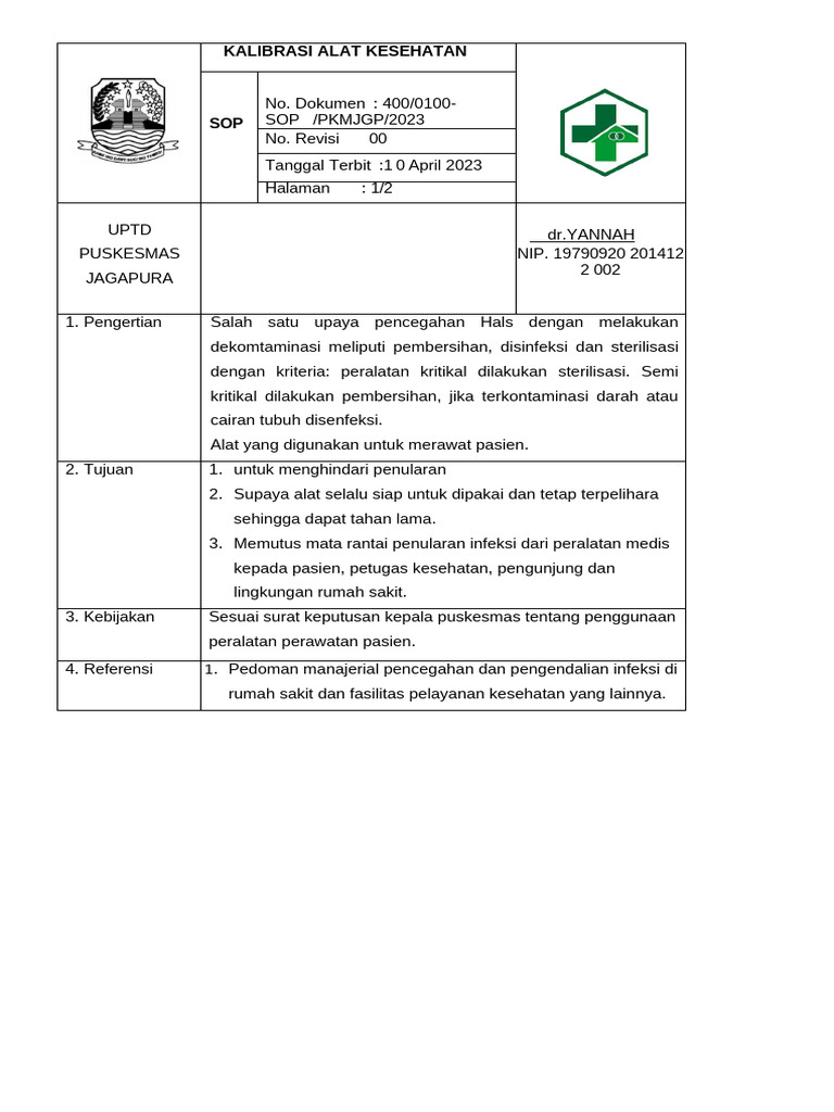 Sop Kalibrasi Alat Kesehatan | PDF