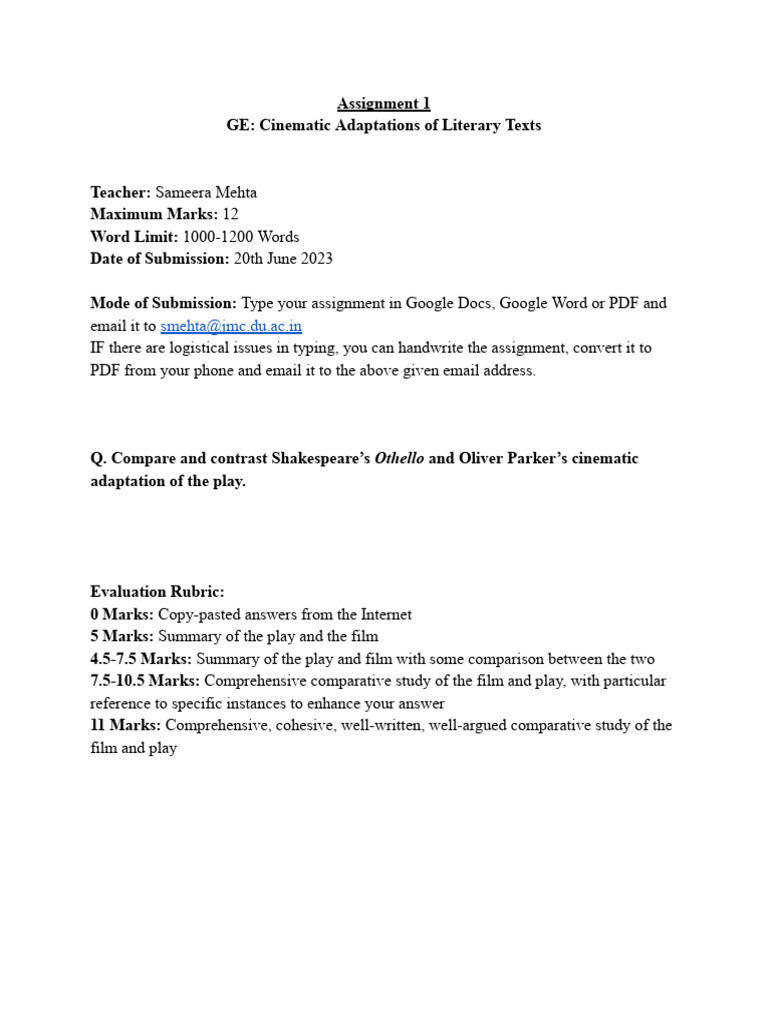 Othello: Play vs. Film Adaptation Analysis | PDF