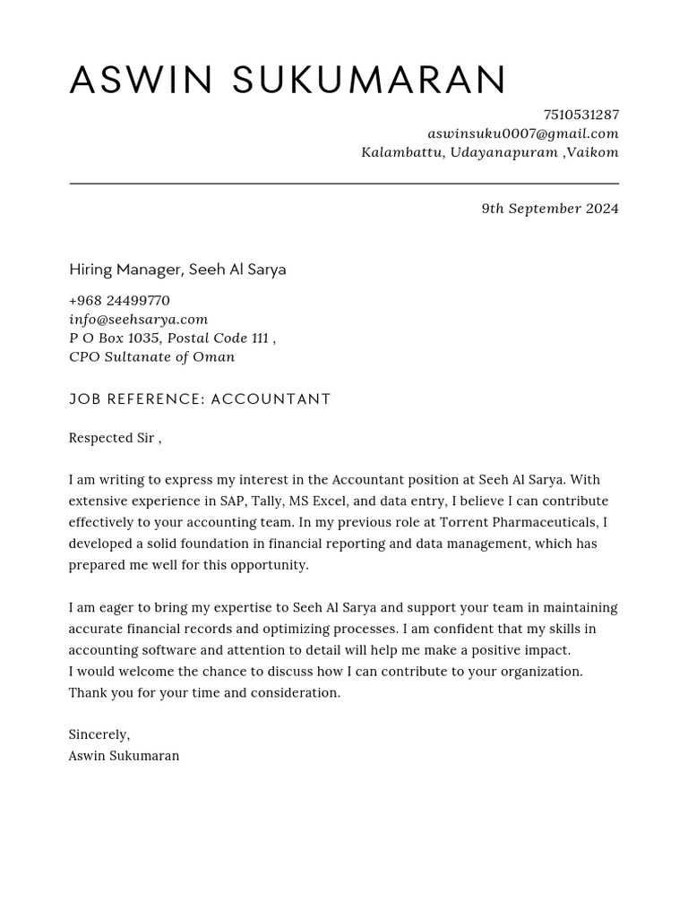 Cover Letter Aswin | PDF