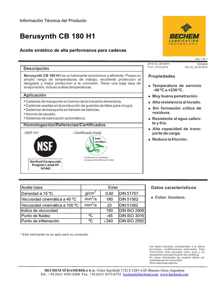 Bechem Berusynth CB 180 h1 Tds | PDF | Lubricante | Materiales