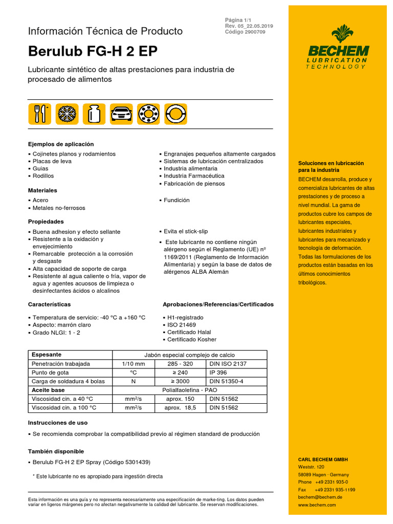 Berulub FG - H - 2 - EP - 2900709 (E) | PDF | Lubricante | Agua