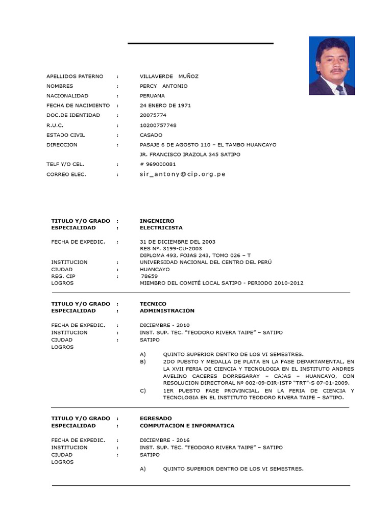 CV Villaverde Munoz Percy Antonio | PDF | Logística | Ingenieria Eléctrica