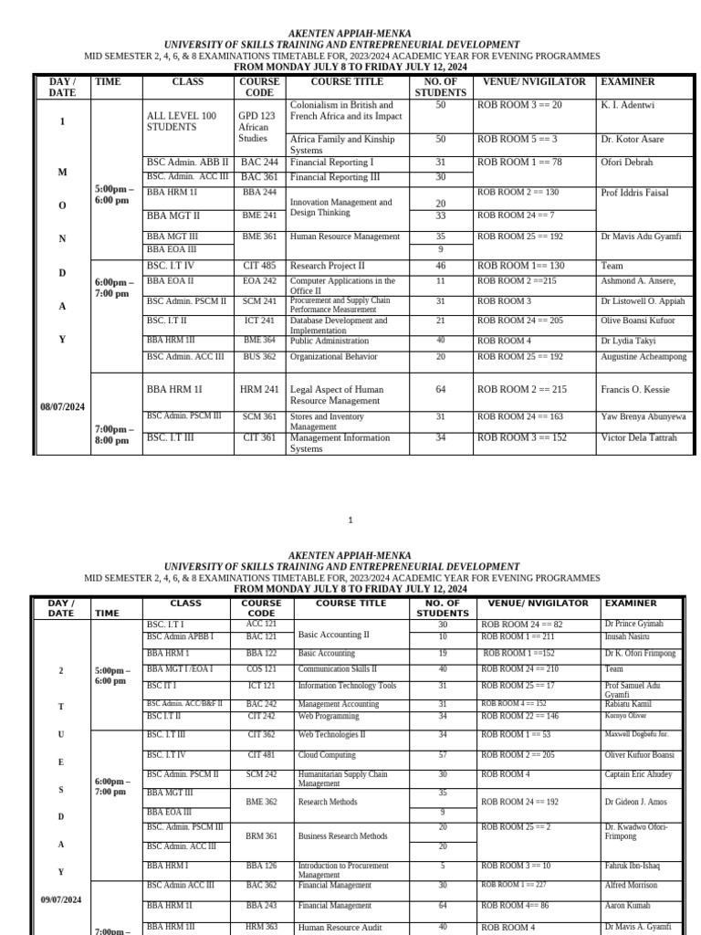 Mid Semester 2 Exams Timetable 2022.2023 Academic Year (Evening ...