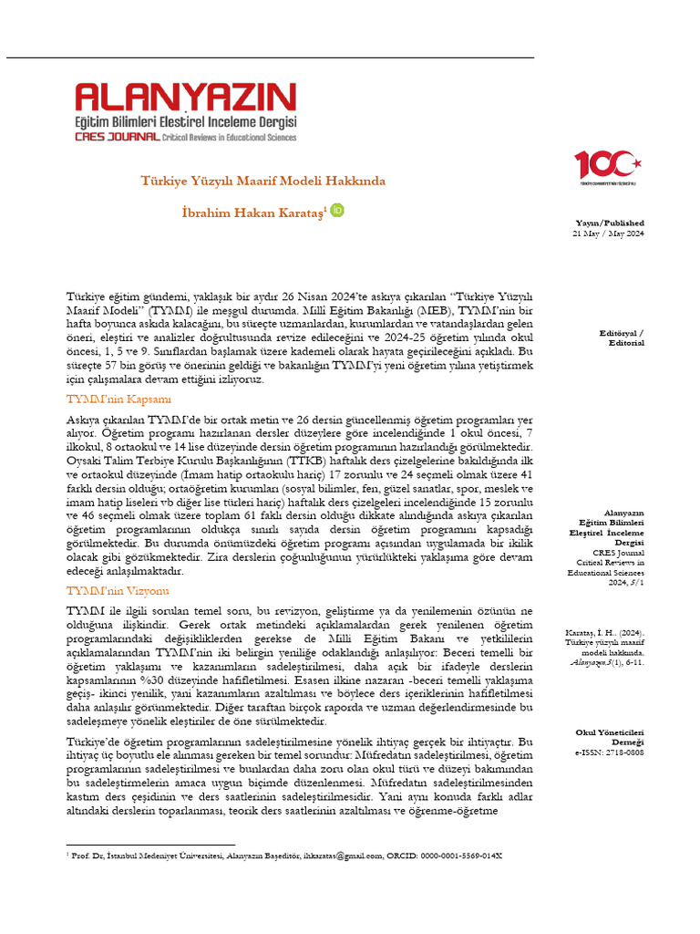 T Rkiye Y Zy l Maarif Modeli Hakk Nda[#1486956]-3942615 | PDF