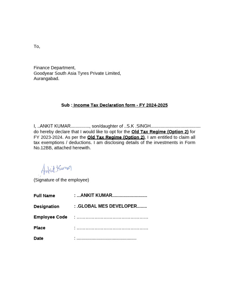 Employee Declaration Form (Old Tax Regime (Option 2) | PDF