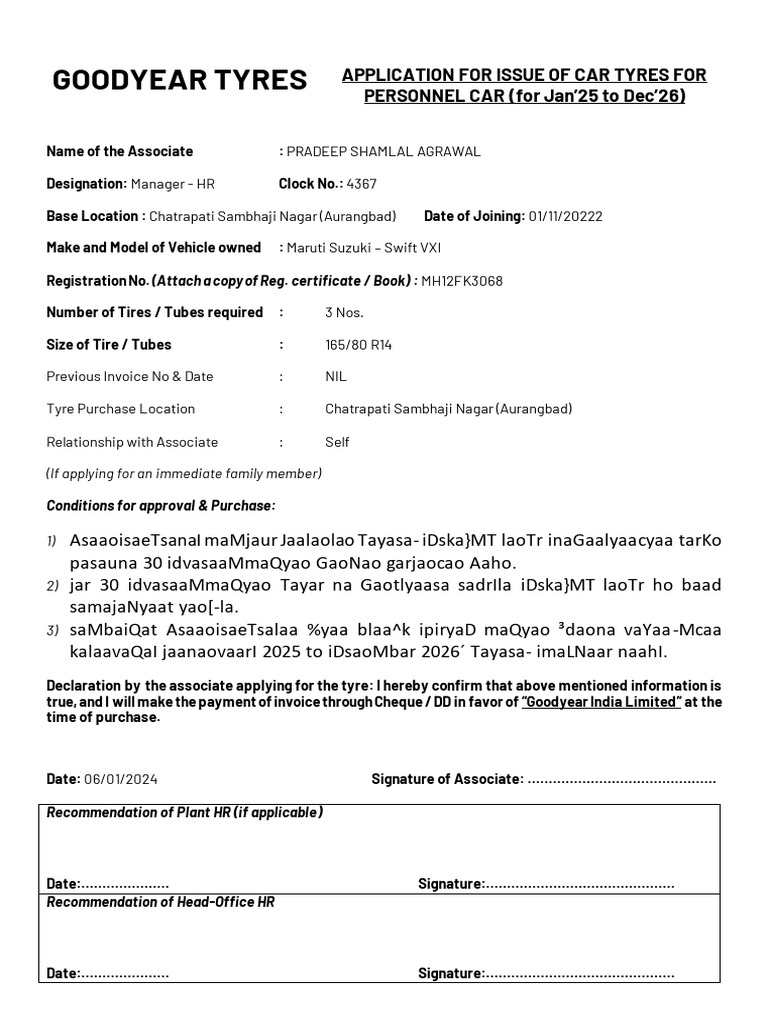 PSA FORM for Application of Tyres | PDF