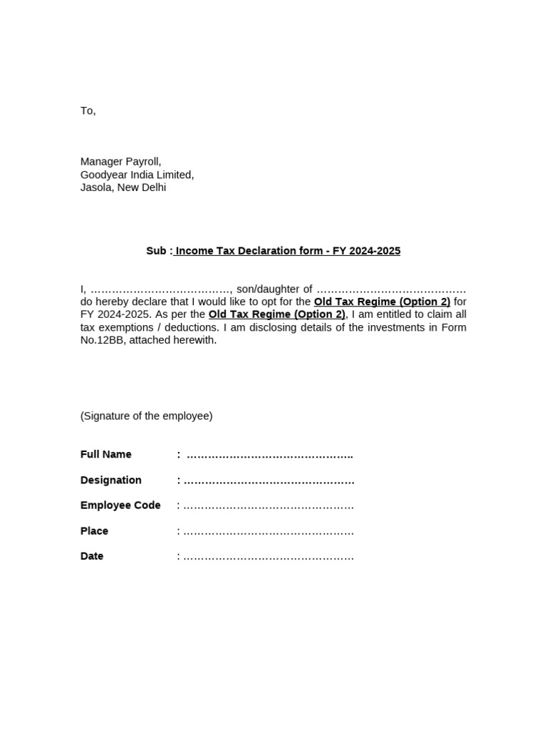 Employee Declaration Form (Old Tax Regime (Option 2) | PDF