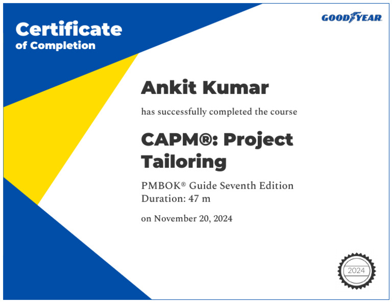 CAPM® Project Tailoring Completion Certificate | PDF