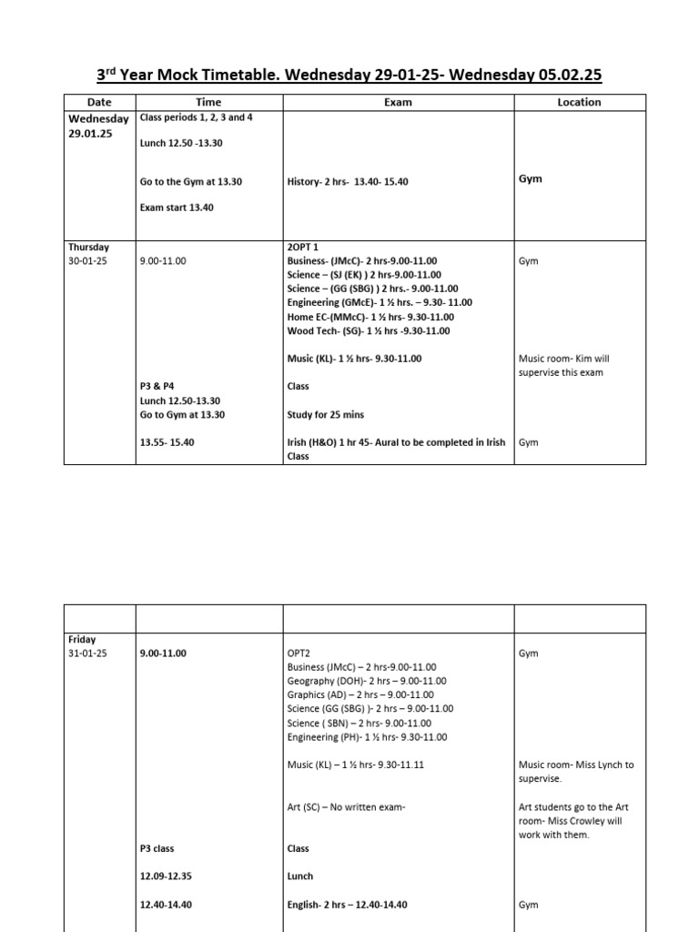 3rd Year Mock Timetable 2025 | PDF