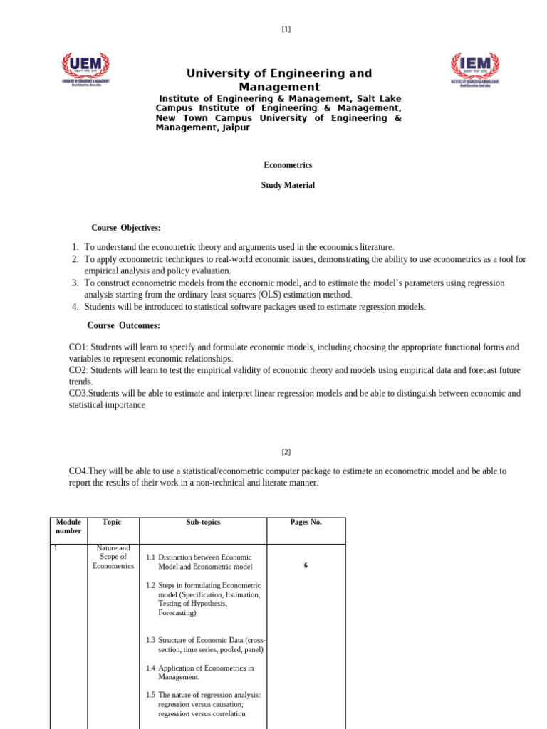 Study Material - Econometrics | PDF | Regression Analysis | Econometrics