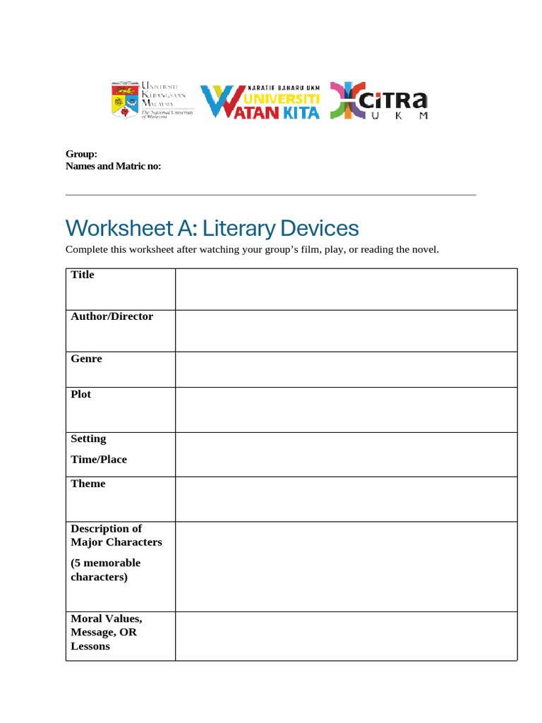 Literary Devices Worksheet Template | PDF