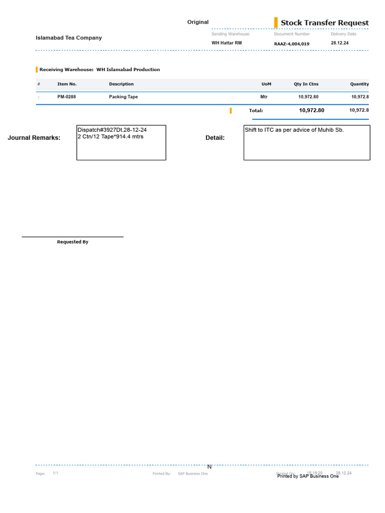 Stock Transfer Request - CR (Packing Tape) | PDF