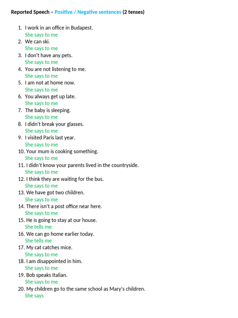 Reported Speech: Positive & Negative Sentences | PDF