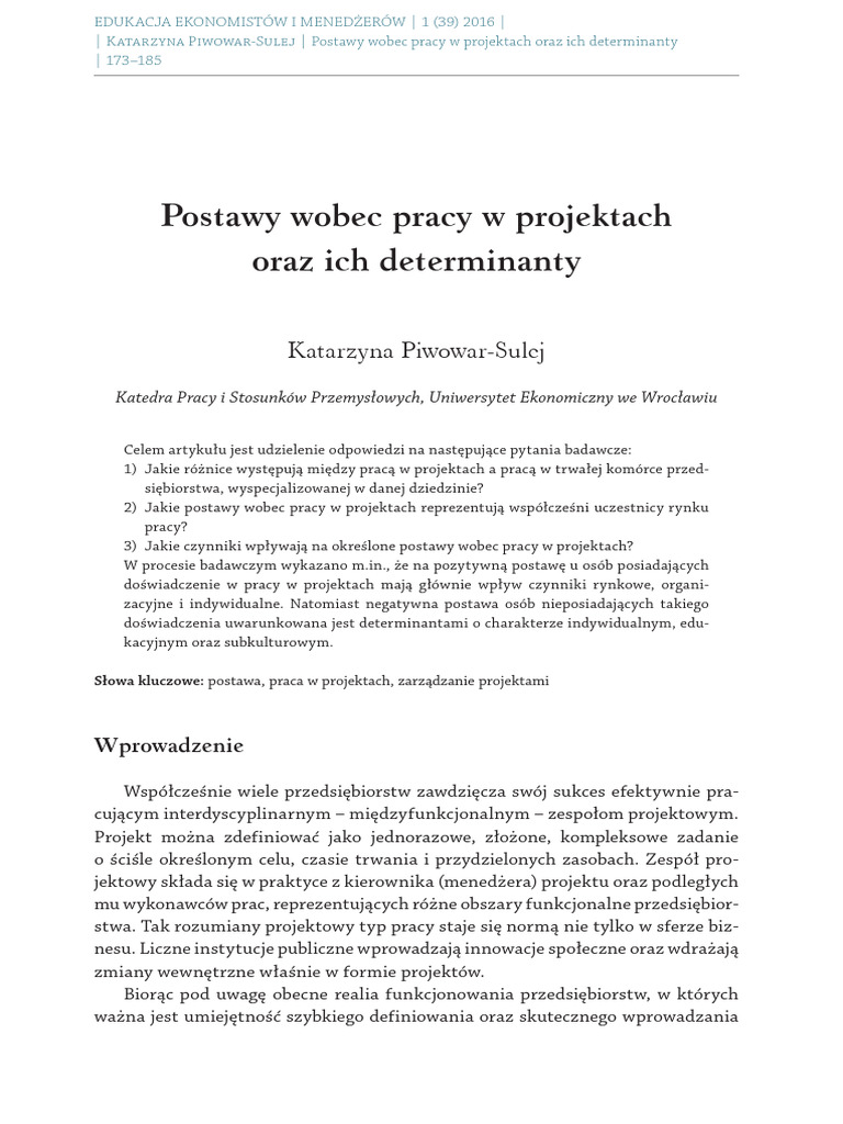 Postawy Wobec Pracy W Projektach Oraz Ich Determinanty: Katarzyna Piwowar Sulej | PDF