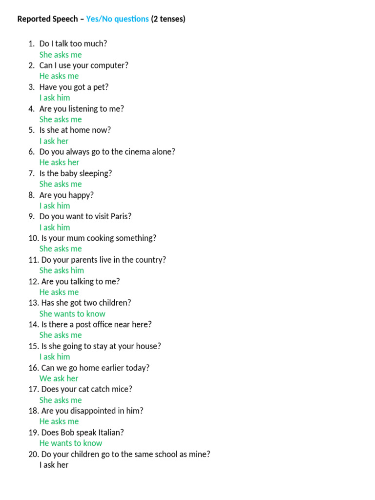 H - Reported Speech-Yes-No Questions 2 Tenses | PDF