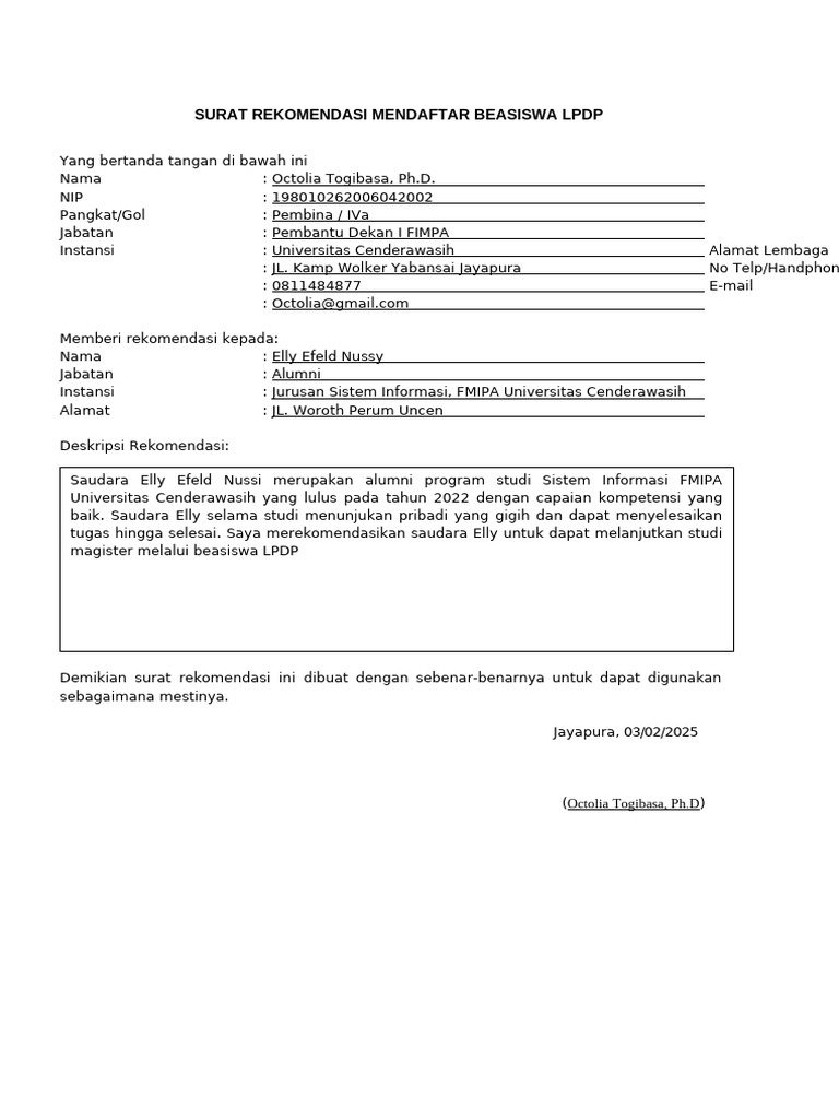 Surat Rekomendasi LPDP 2024 Elly | PDF