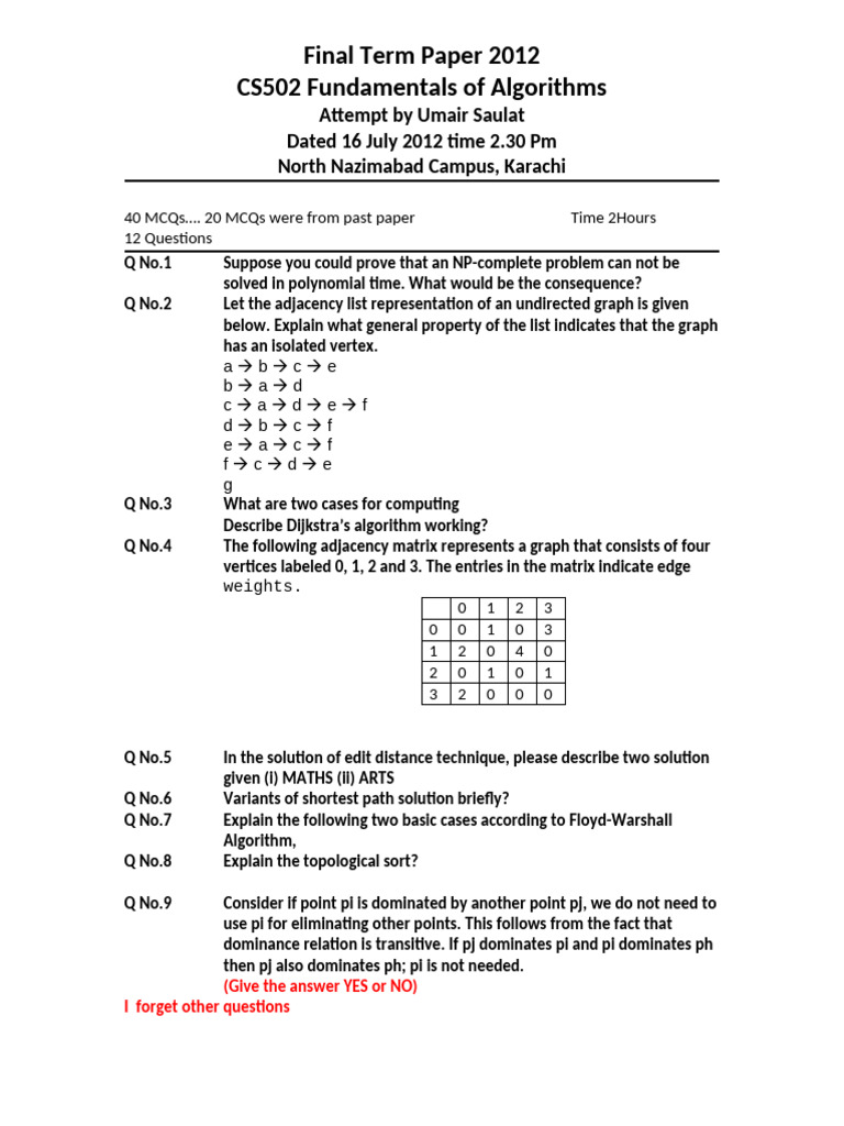 CS502 Final TErm Paper 2012 | PDF
