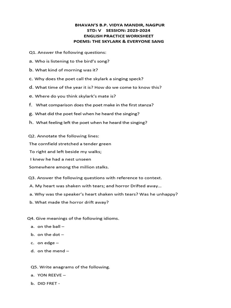 STD 5 - Skylark& Everone Sang-Practice Worksheet | PDF