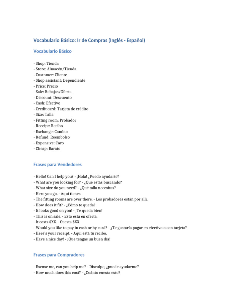 Vocabulario Compras Ingles SinImagenes | PDF