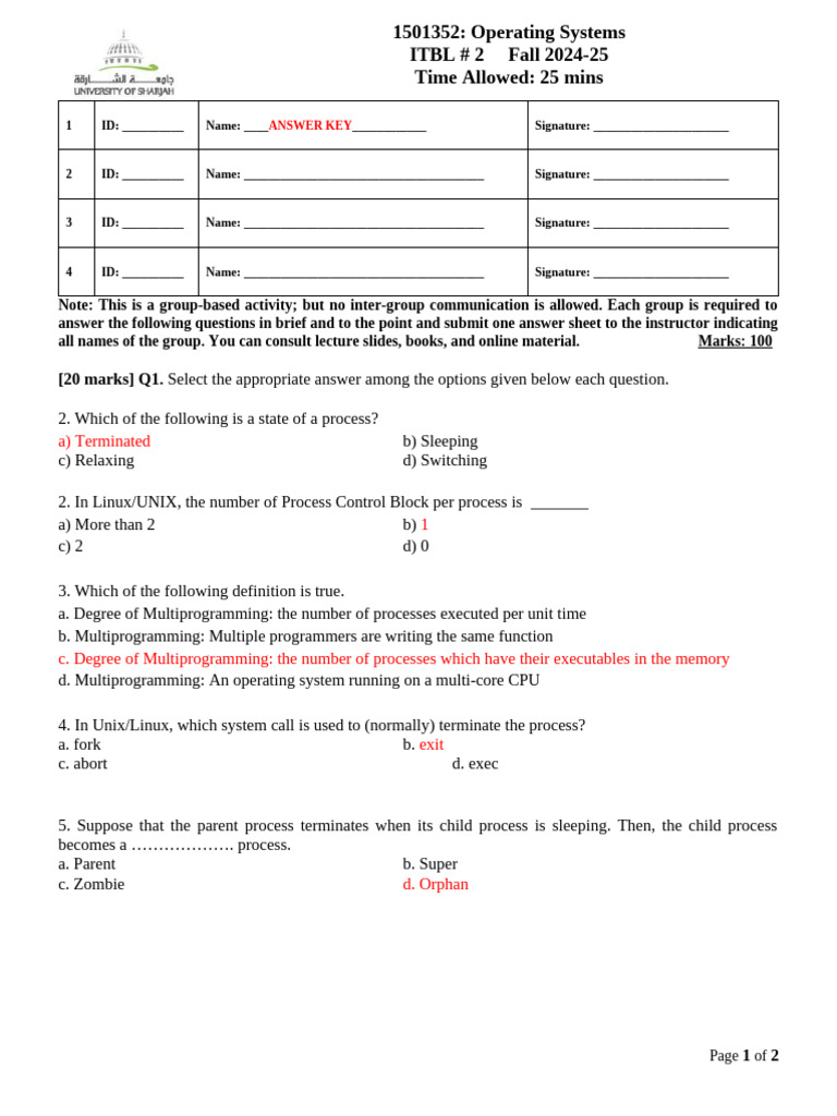 OS Itbl 2 - 2024 - Sec01 - ANSWERS | PDF | Process (Computing) | Computer Engineering