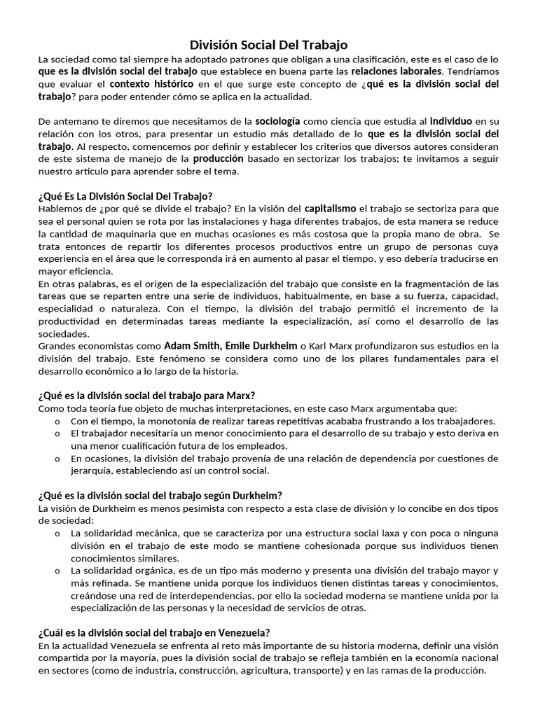 División Social del Trabajo: Conceptos y Contextos | PDF | Division de ...
