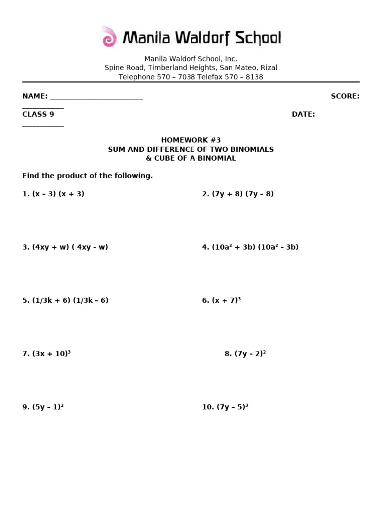 Hw Sumanddifference Of Two Binomials Andcube Of A Binomial Pdf