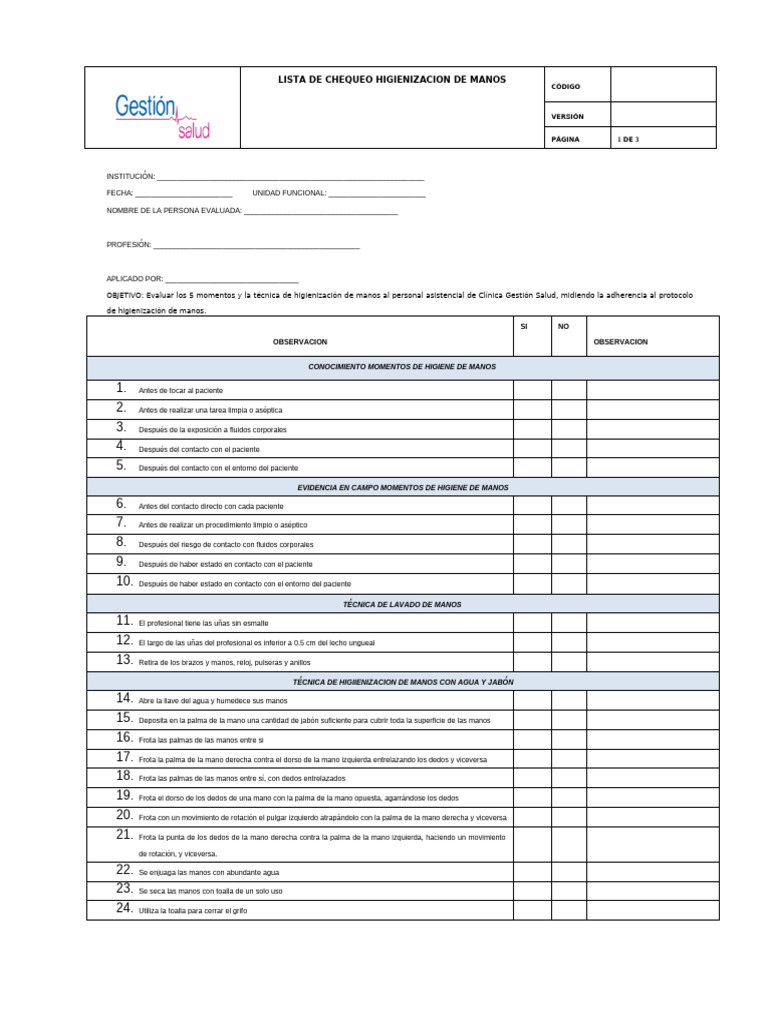 Lista de Chequeo Higiene de Manos Word | PDF | Lavado de manos | Salud ...