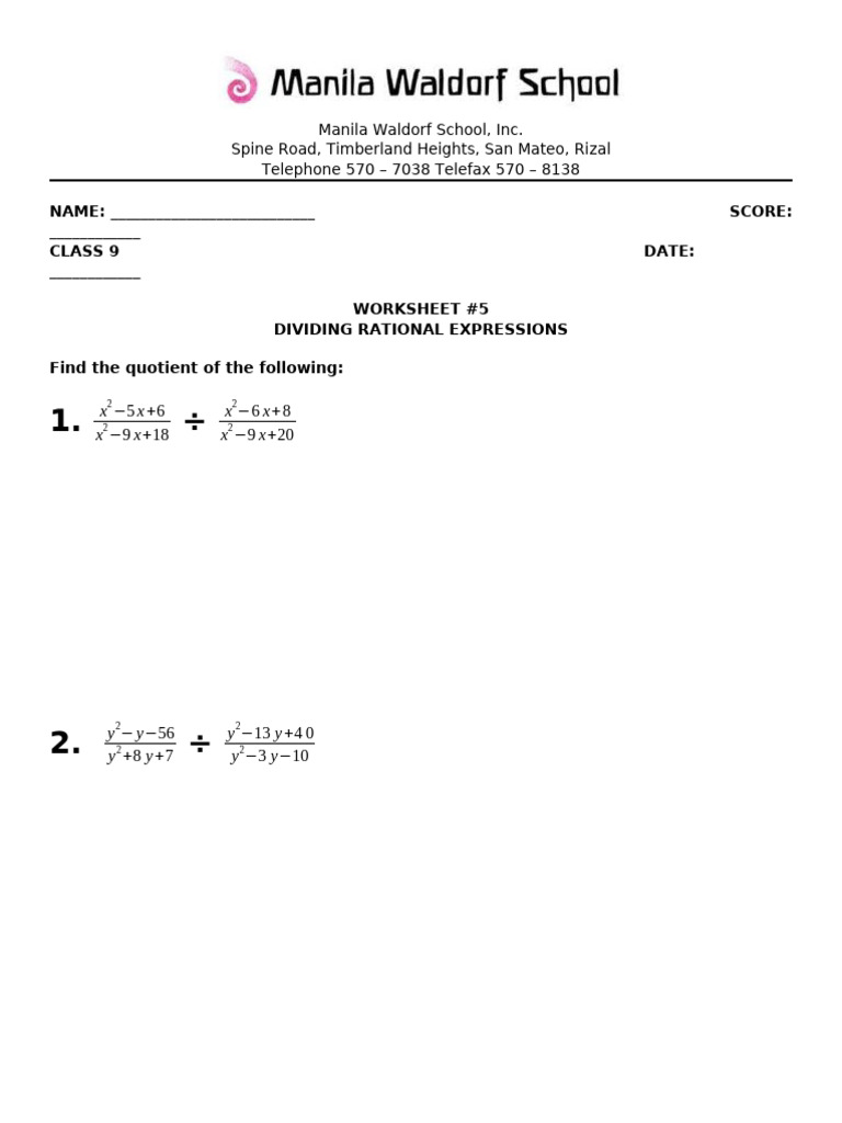Dividing Rational Expressions Worksheet | PDF