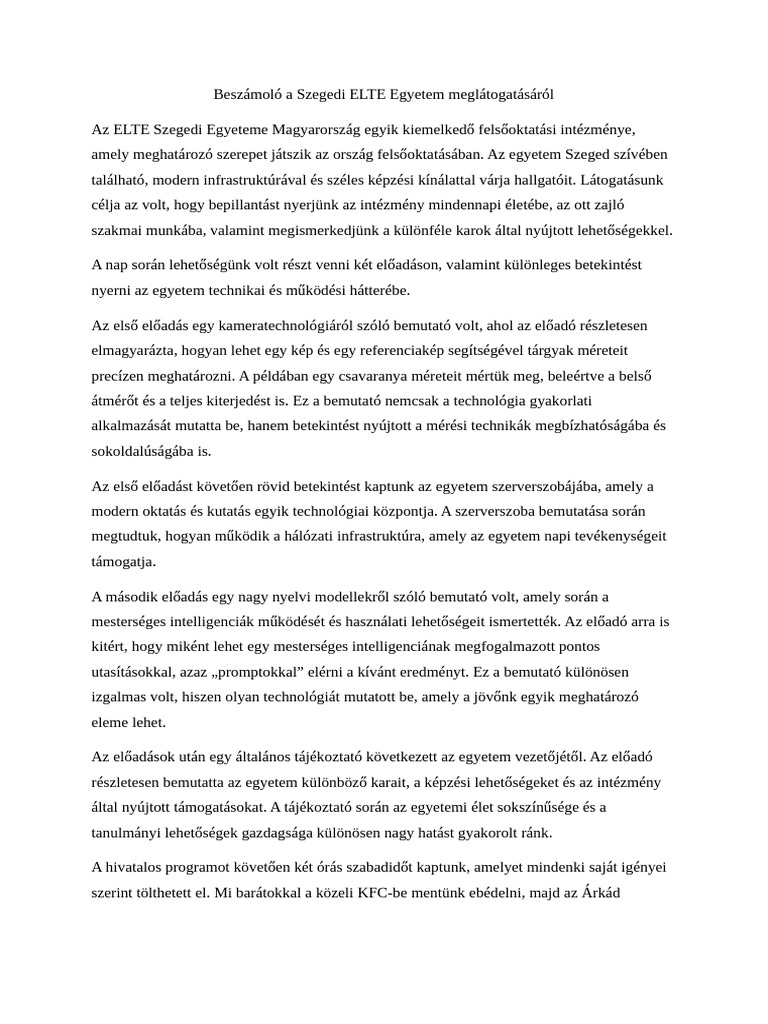 Beszámoló A Szegedi ELTE Egyetem Meglátogatásáról | PDF