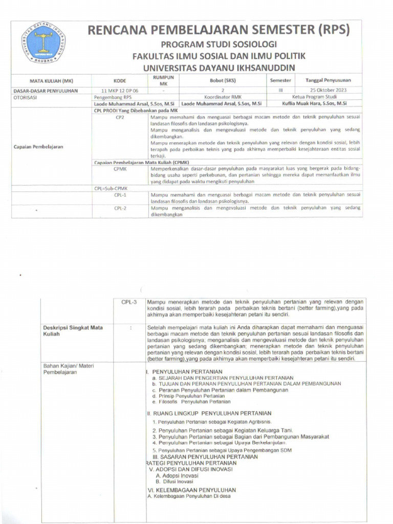 RPS DASAR-DASAR PENYULUHAN - LAODE MUHAMMAD ARSAL | PDF