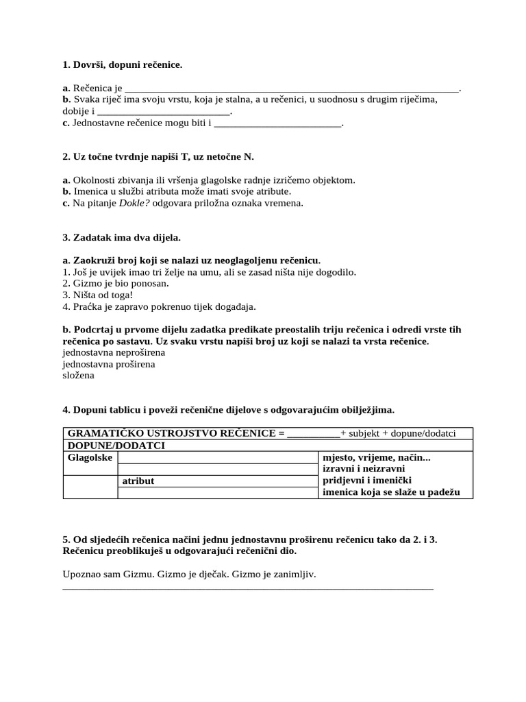 Vjezba - Recenica I Njezini Dijelovi | PDF