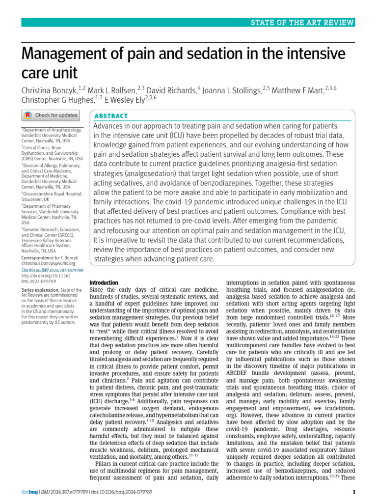 Management of Pain and Sedation in The Intensive Care Unit | PDF ...
