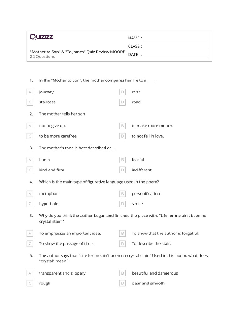 Mother To Son & To James Quiz Review MOORE - 250206 - 202130 | PDF