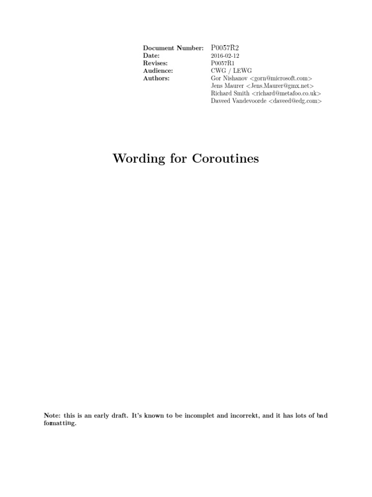Wording For Coroutines: Document Number: Date: Revises: Audience: Authors | PDF | C++ | Scope ...