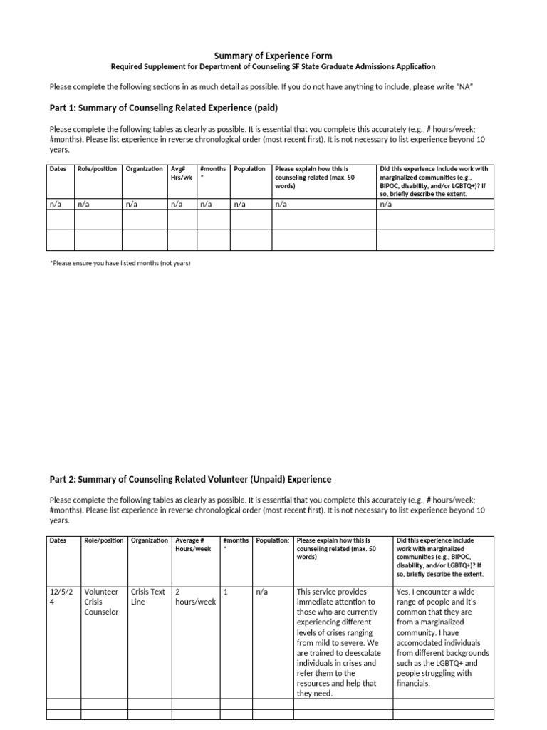 Counseling Experience Summary Form | PDF