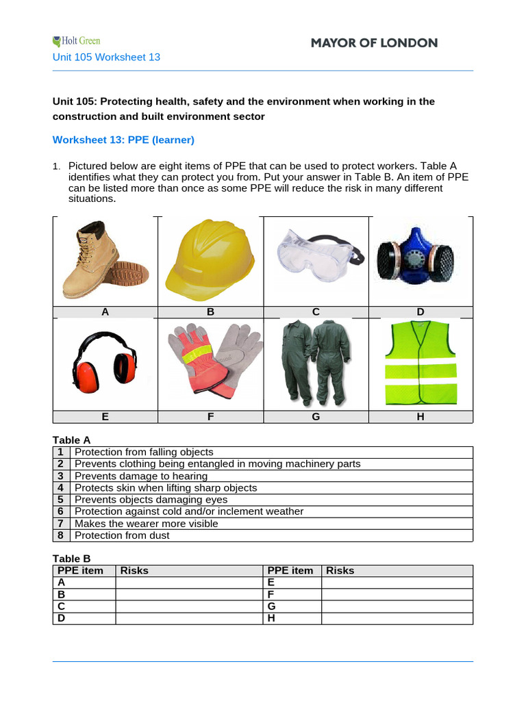 PPE Risks and Protections Worksheet | PDF