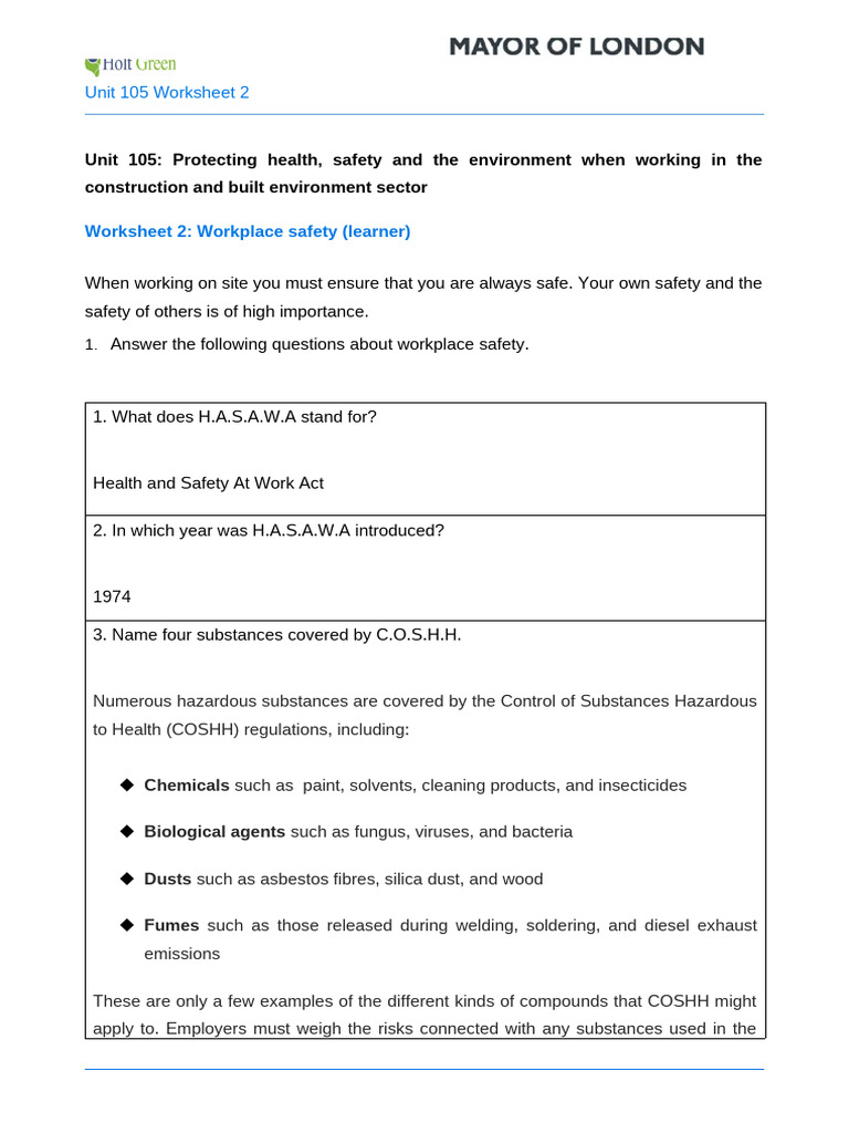Unit 16 - Ws - 2 - Workplace - Safety - Learner Worksheet | PDF ...