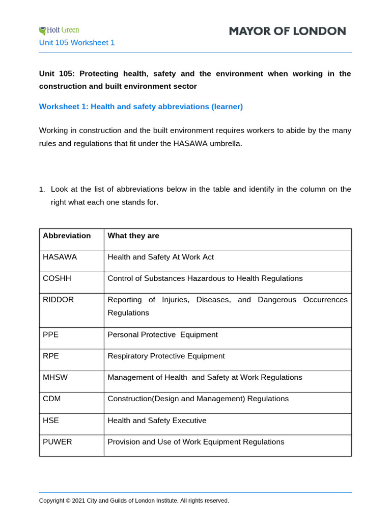 Unit 15 - Ws - 1 - Health - and - Safety - Abbreviations - Learner ...