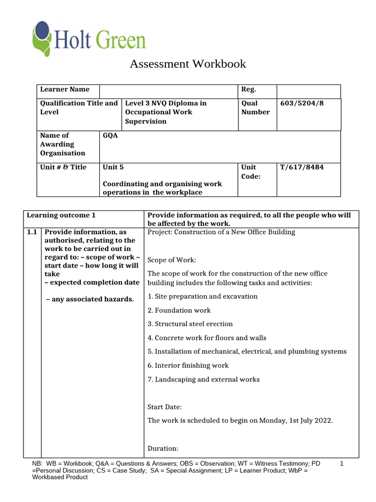 UNIT 5 Work Supervision Workbook | PDF | Data | Information
