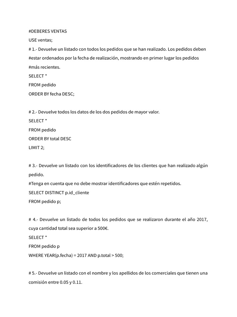 Consultas SQL para Gestión de Ventas | PDF | SQL | Bases de datos