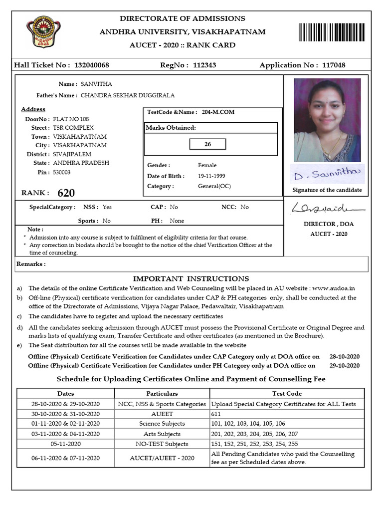 Aucet-2020 Rank Card | PDF