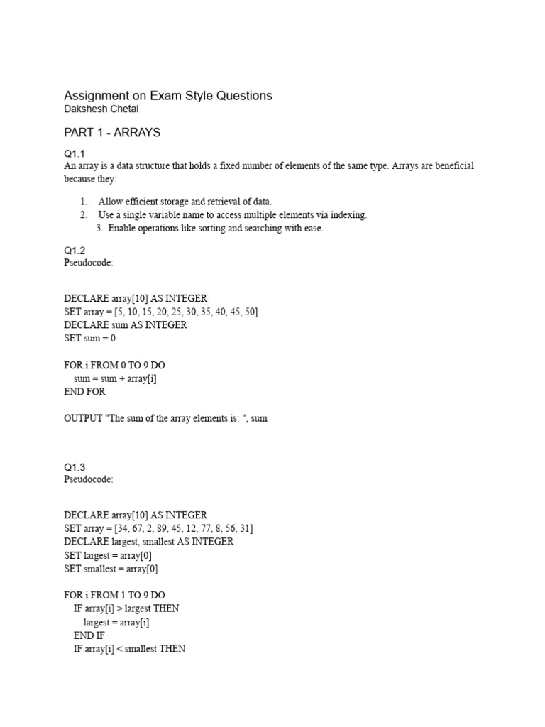 Exam Style Questions on Arrays & Functions | PDF | Algorithms | Computing