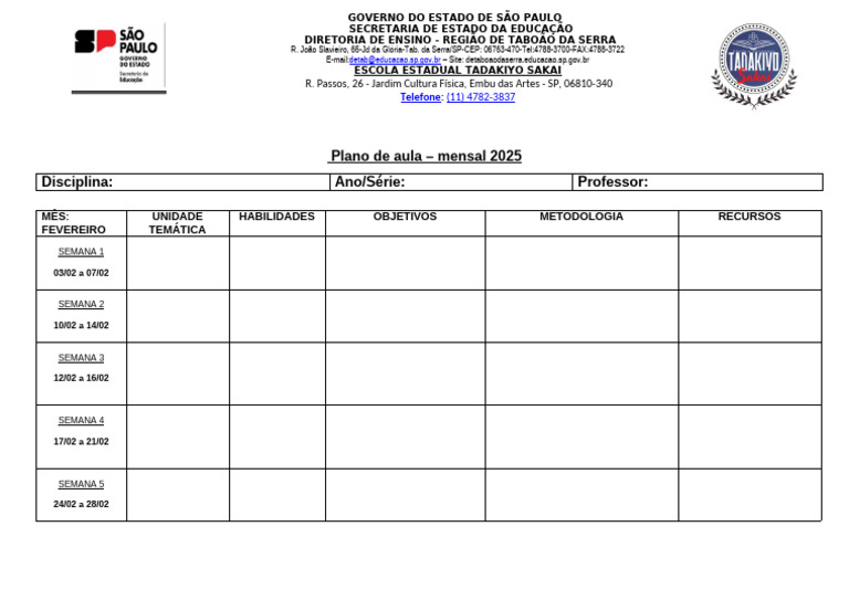 Plano de Aula Mensal 2025 - E.E. Tadakiyo Sakai | PDF
